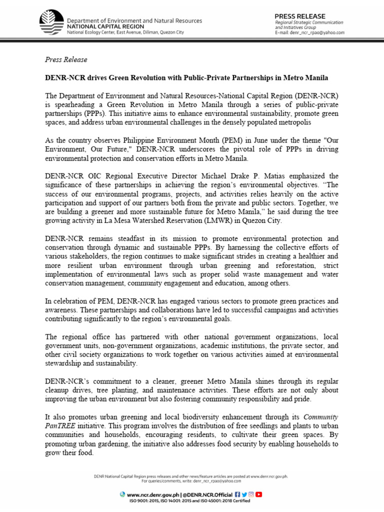 Press Release DENR NCR Drives Green Revolution in Celeb of PEM | PDF ...