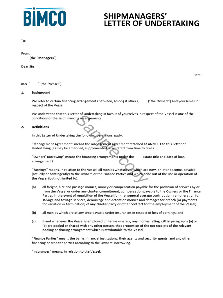 Letter of Undertaking for Vessel Management | PDF | Insurance | Indemnity