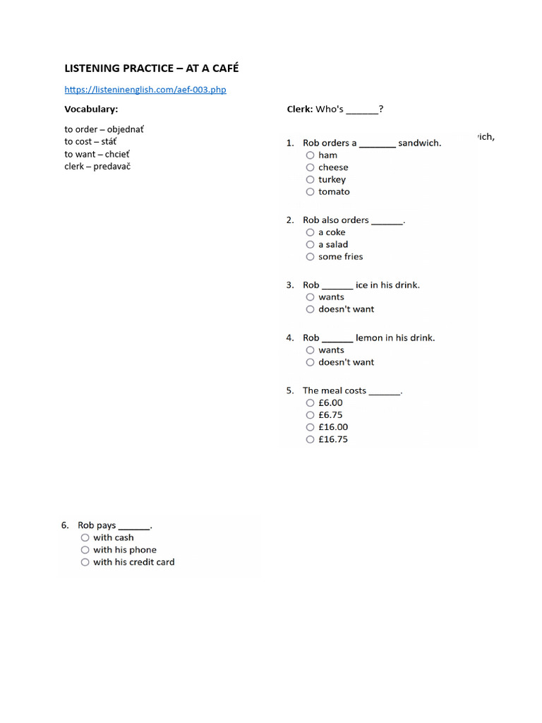 Listening Practice - at A Cafe | PDF | Eating Behaviors Of Humans | Meal