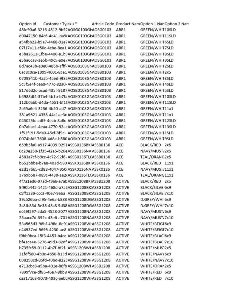 Product Options and Codes List | PDF | Color | Rainbow