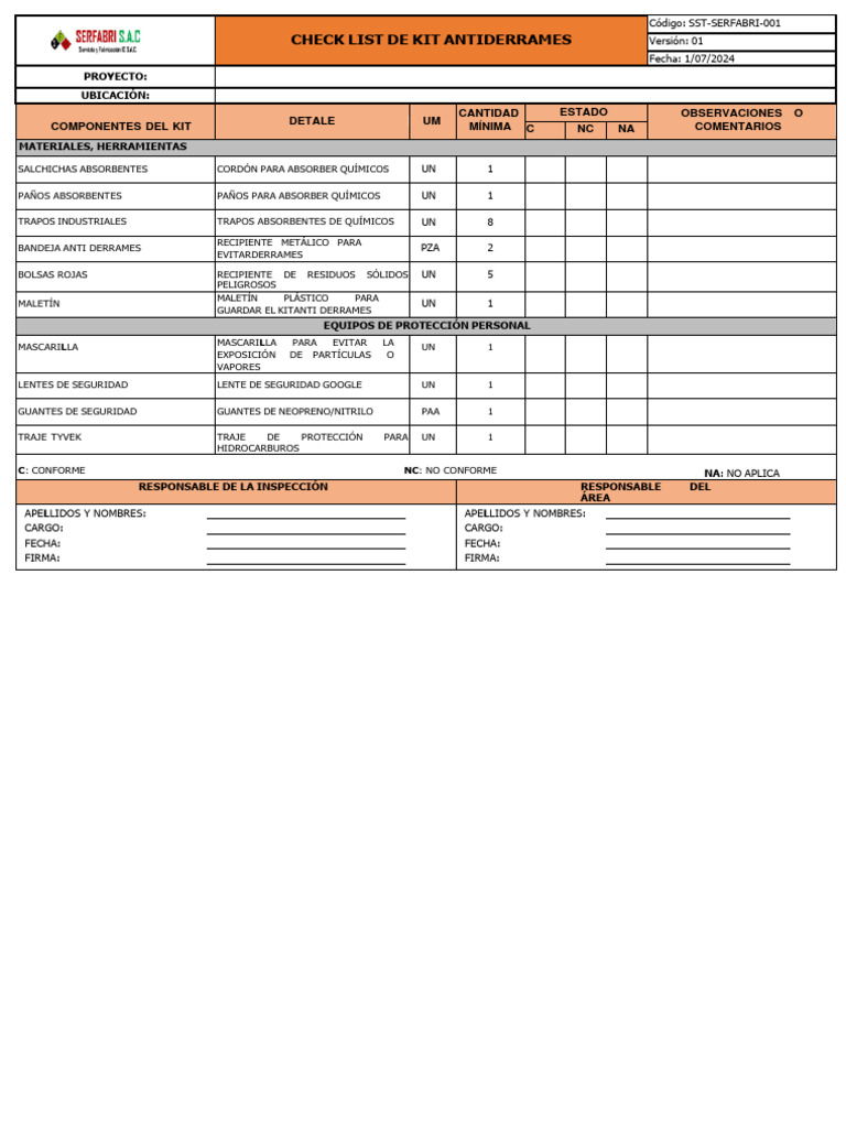 Kit Antiderrames: Checklist Completo | PDF | Materiales | Sector ...