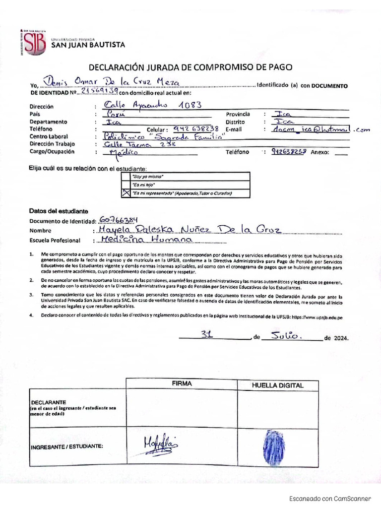 Declaración Jurada de Compromiso de Pago - Semestre 2024-ll | PDF
