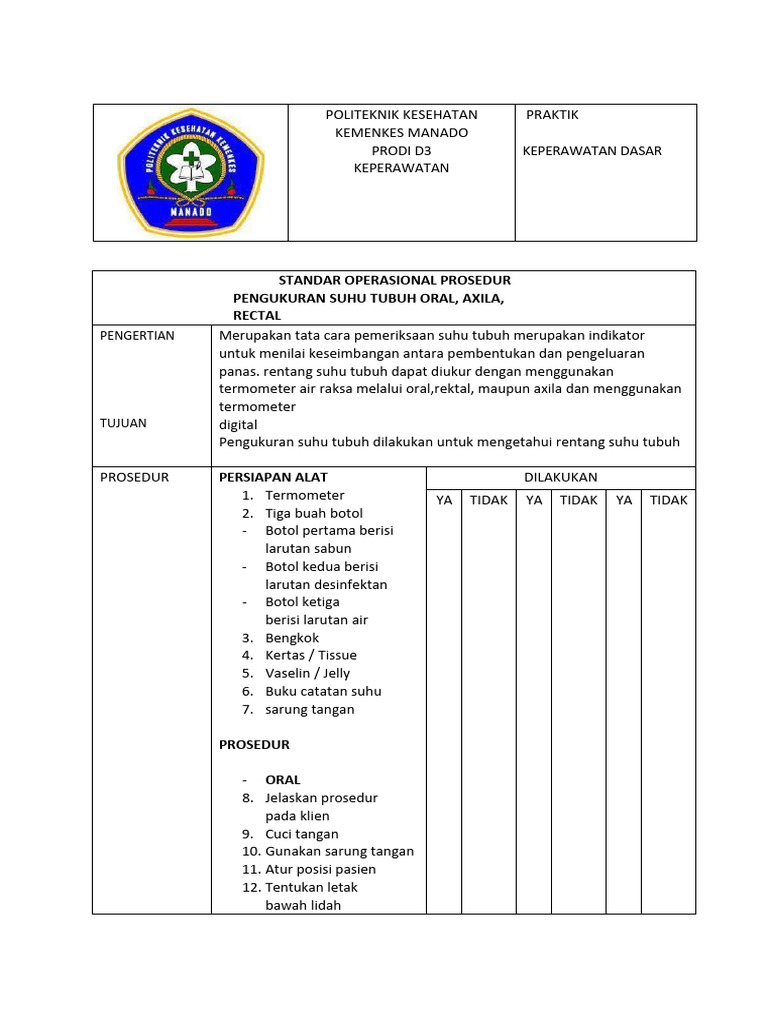 Sop Mengukur Suhu Tubuh Aksila, Rectal, Oral - Docx - Google Dokumen ...