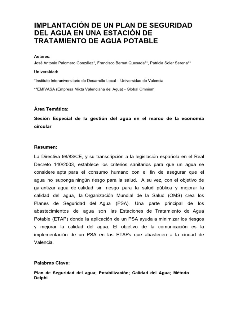 Articulo - Implantacion de Un Plan de Seguridad Del Agua en Una Estacion de Tratamiento de Agua ...
