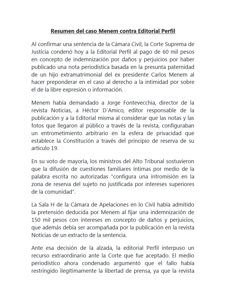 Resumen Del Caso Menem Contra Editorial Perfil | PDF | Privacidad | Justicia
