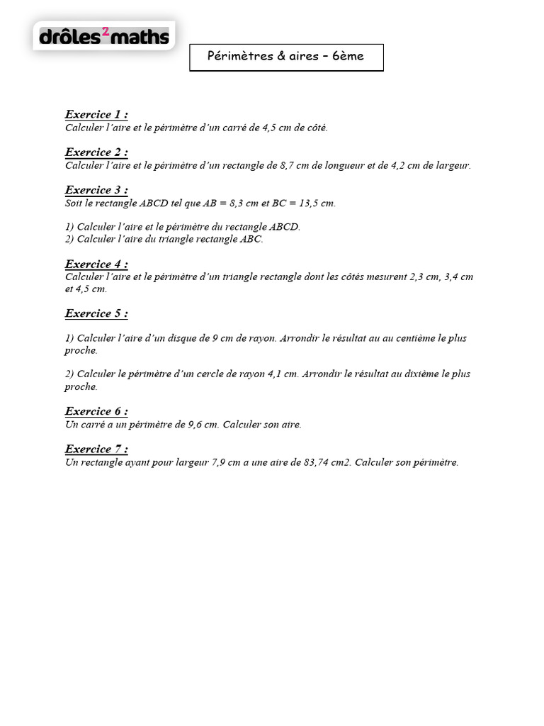 Exercices sur aires et périmètres 6ème | PDF