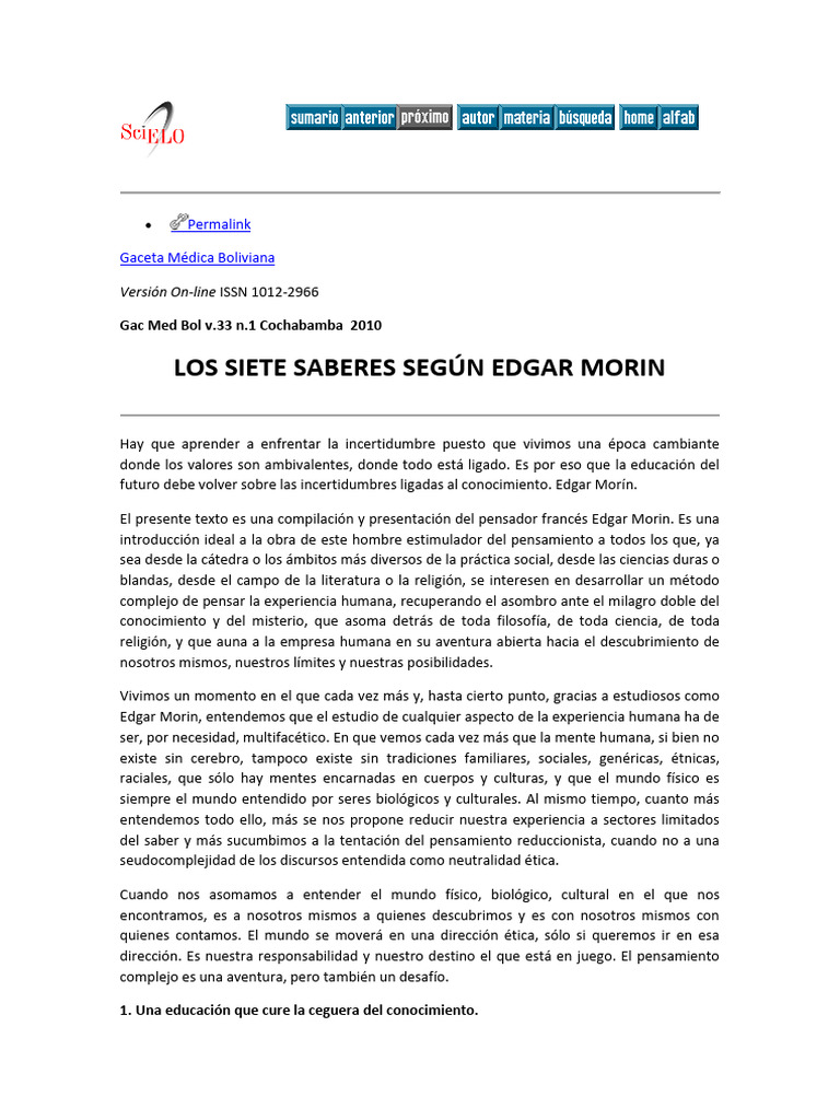 TEXTO 14 Los Siete Saberes Según Edgar Morin | PDF | Conocimiento | Pensamiento