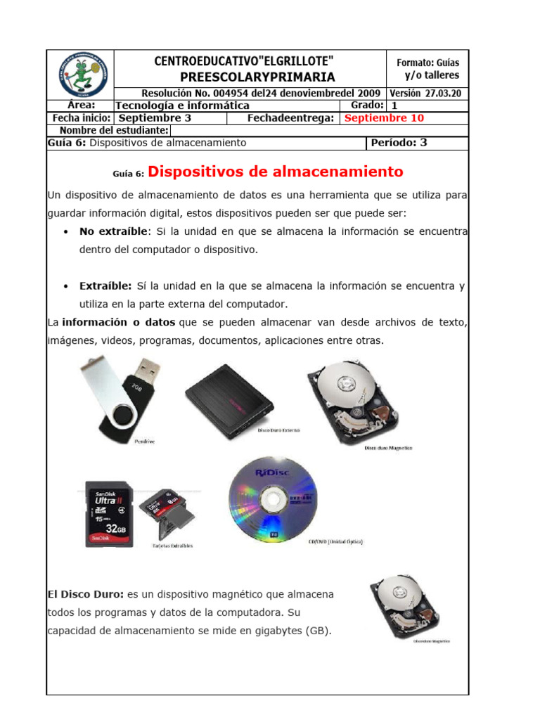 3° Primaria Dispositivos de Almacenamiento | PDF | Almacenamiento de datos de la computadora ...