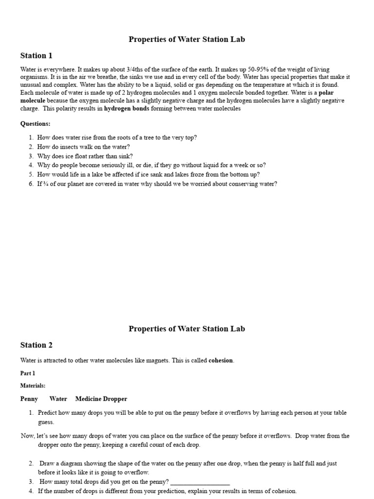 Properties of Water Station Lab | PDF | Water | Solvent