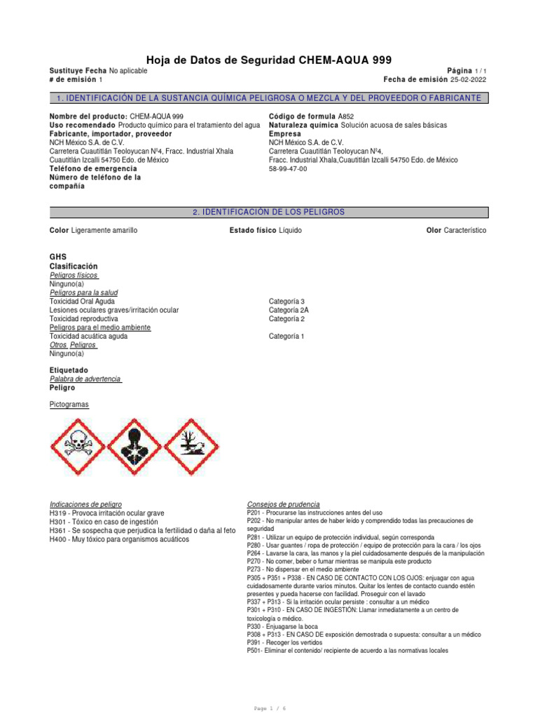 CHEM-AQUA 999 Hds | PDF | Toxicidad | Ventilación (Arquitectura)