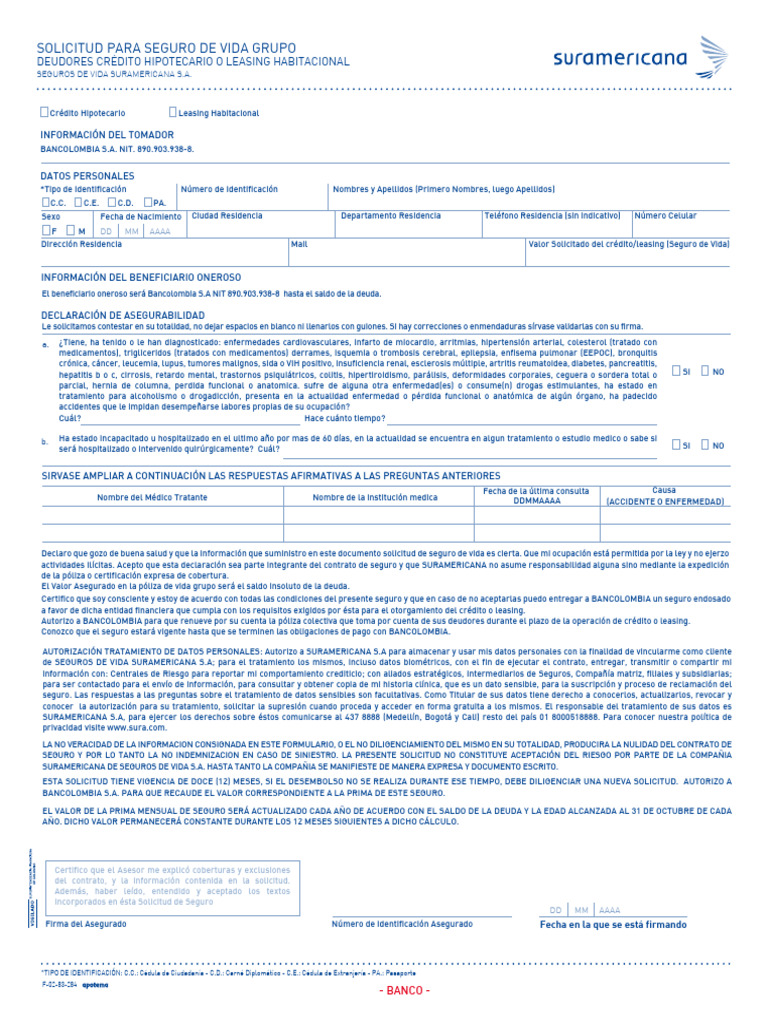 Solicitud Seguro de Vida Credito Vivienda | PDF | Póliza de seguros | Seguro
