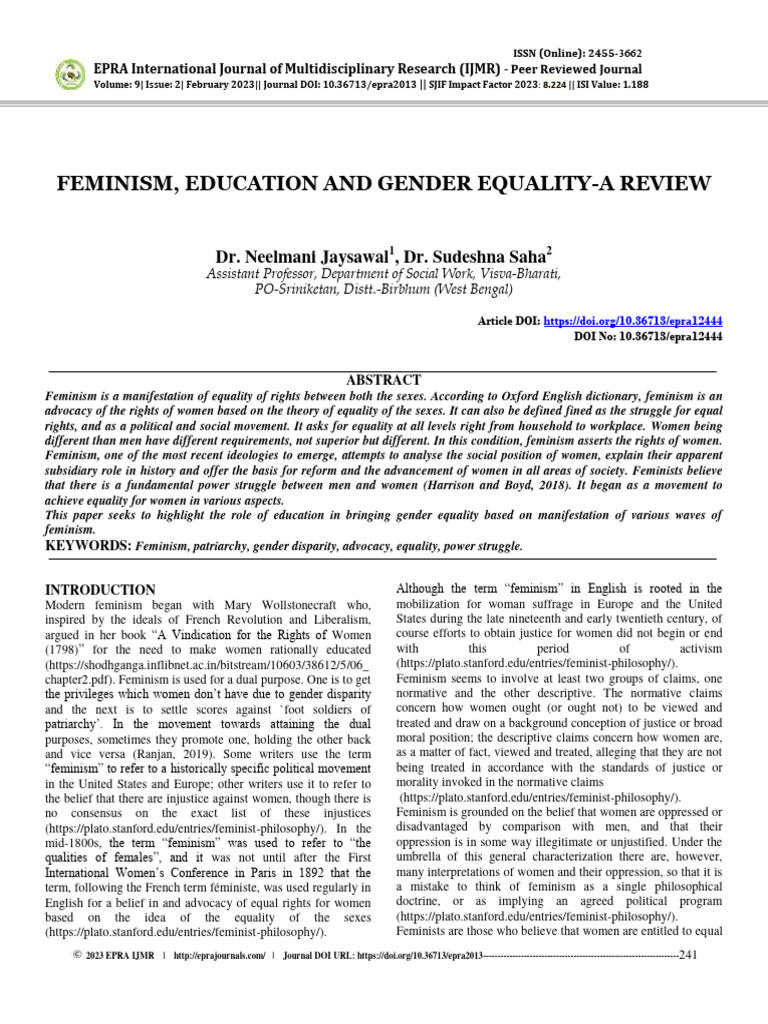 Feminism, Education and Gender Equality-A Review | PDF | Gender Studies ...
