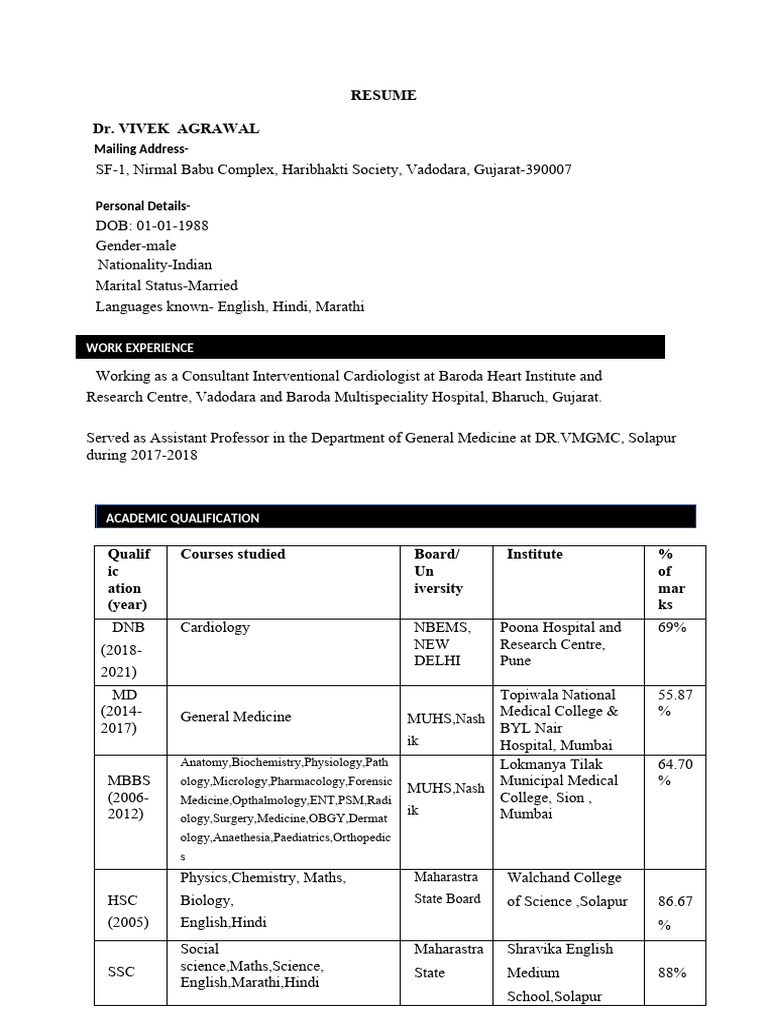 Resume Dr. Vivek Agrawal: Mailing Address | PDF | Cardiology | Doctor Of Medicine