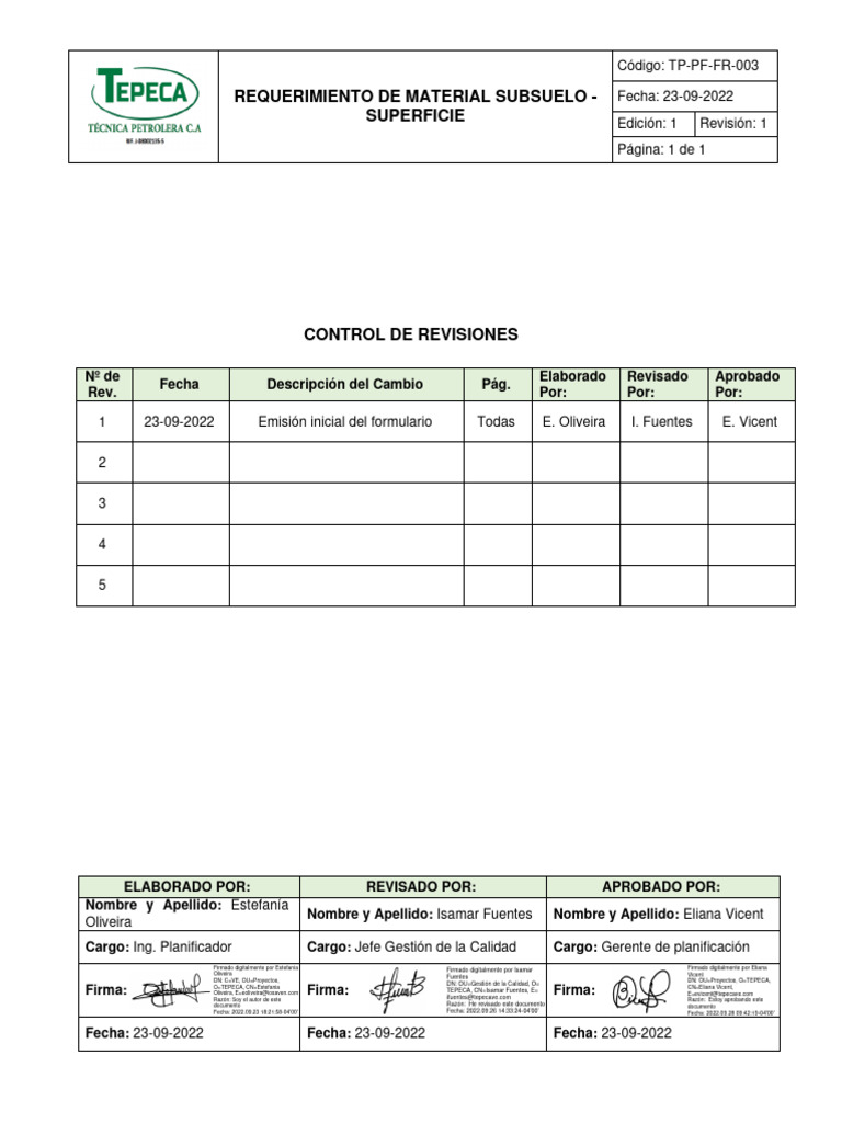 TP-PF-FR-003 Requerimiento de Materiales Subsuelo - Superficie Rev.1 Ed. 1 | PDF