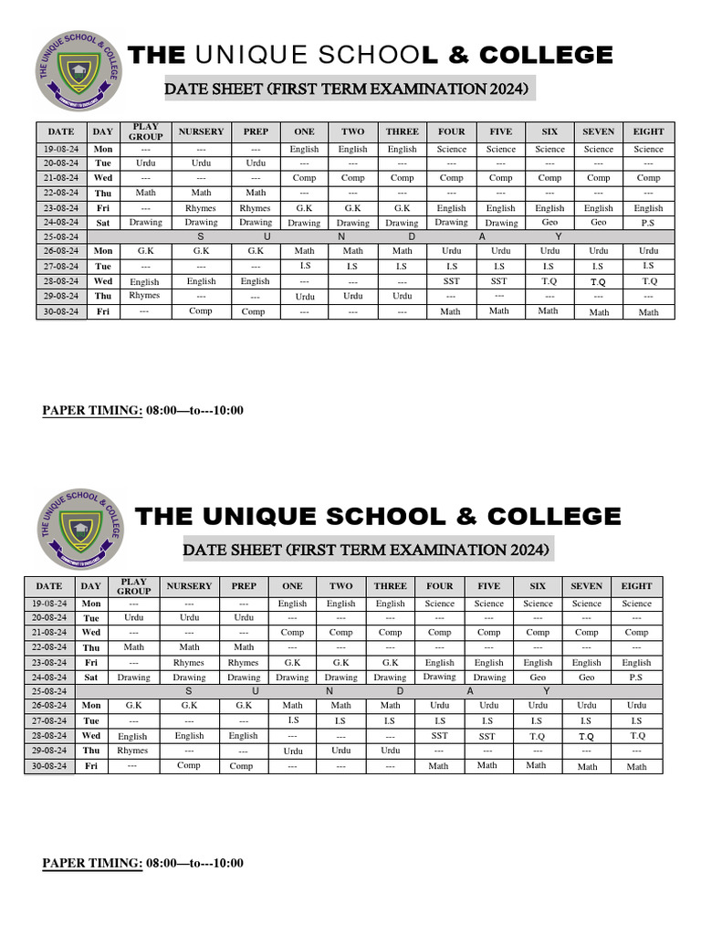 1st Term Datesheet 2024 | PDF | Qualifications | Schools