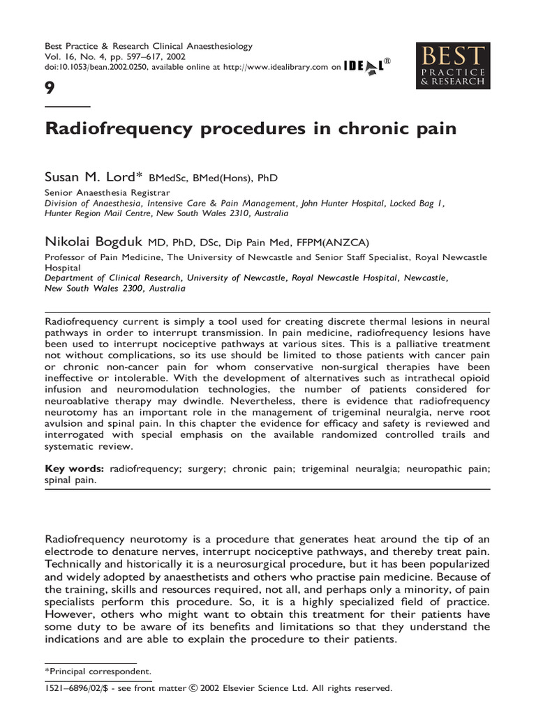 Radiofrequency Procedures in Chronic Pai | PDF | Pain | Anesthesia