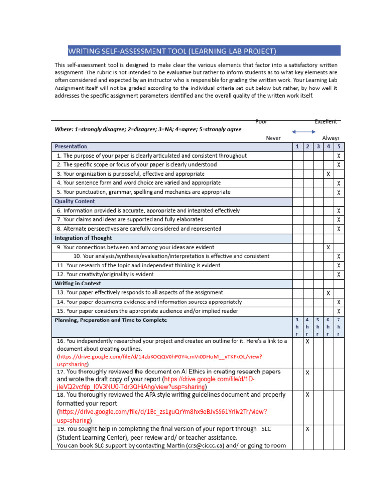 Writing Self-Assessment Tool Guide | PDF | Learning | Human Communication