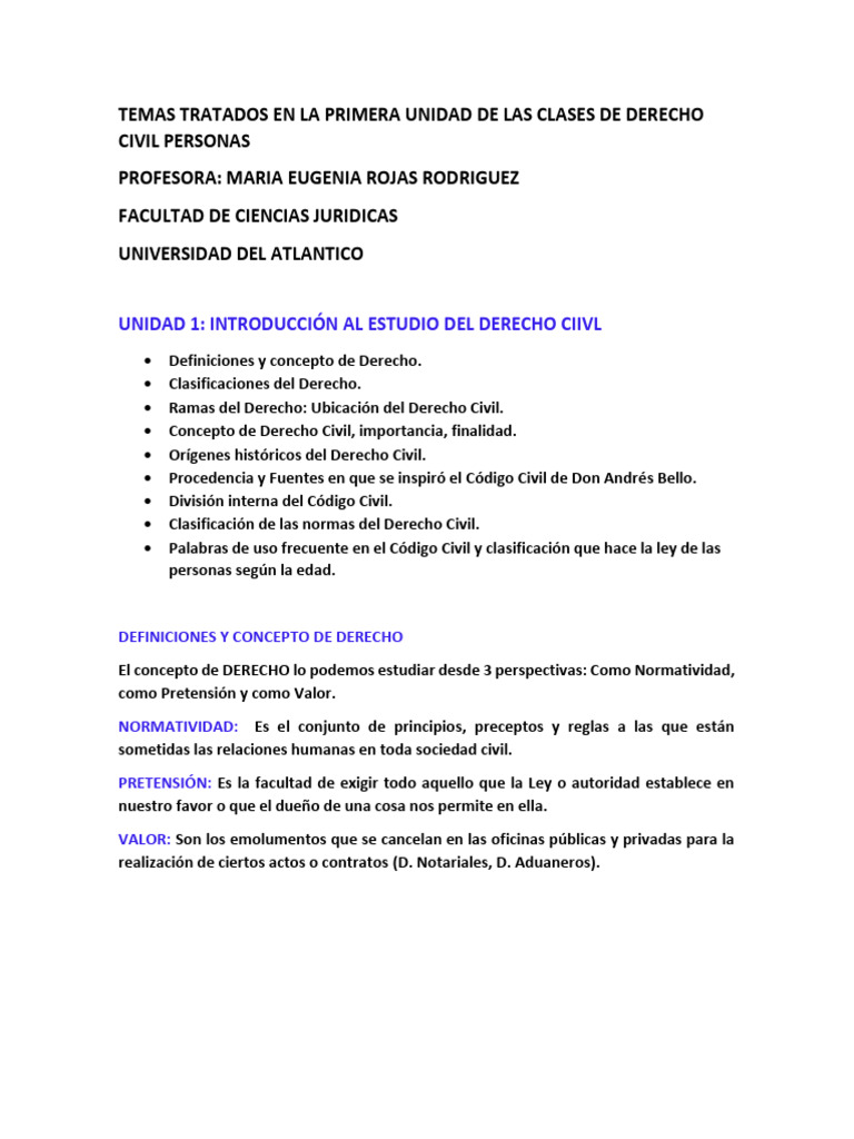 Temas Tratados en La Primera Unidad Clases de Derecho Civil Personas Prof. Maria E. Rojas R ...