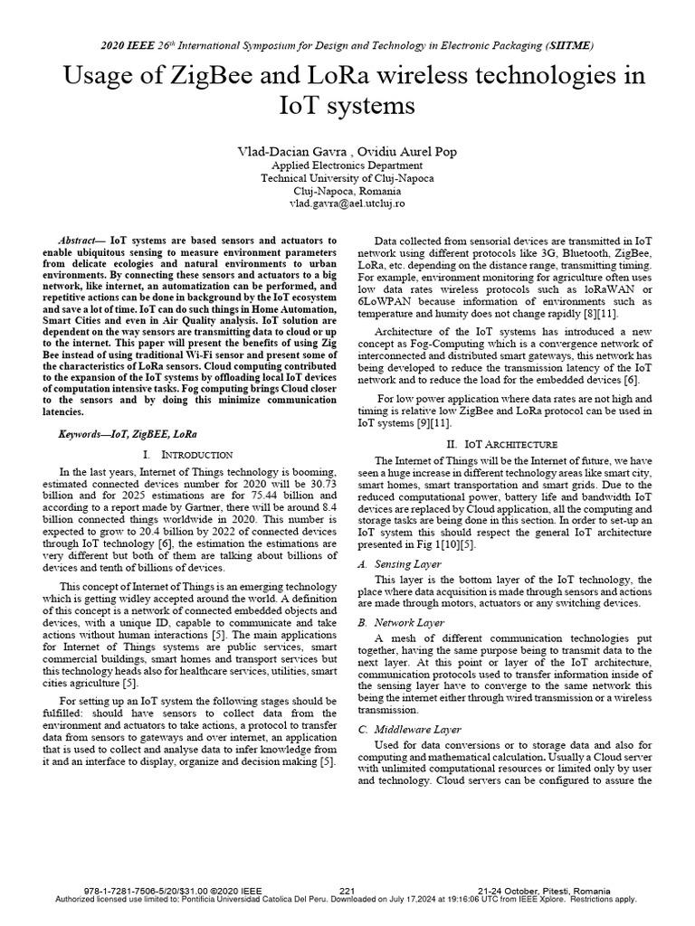 19 Usage of ZigBee and LoRa Wireless Technologies in IoT Systems | PDF | Internet Of Things ...