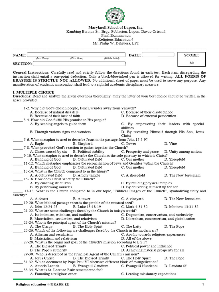 Final Examination REED 4 | PDF | Jesus | Catholic Church