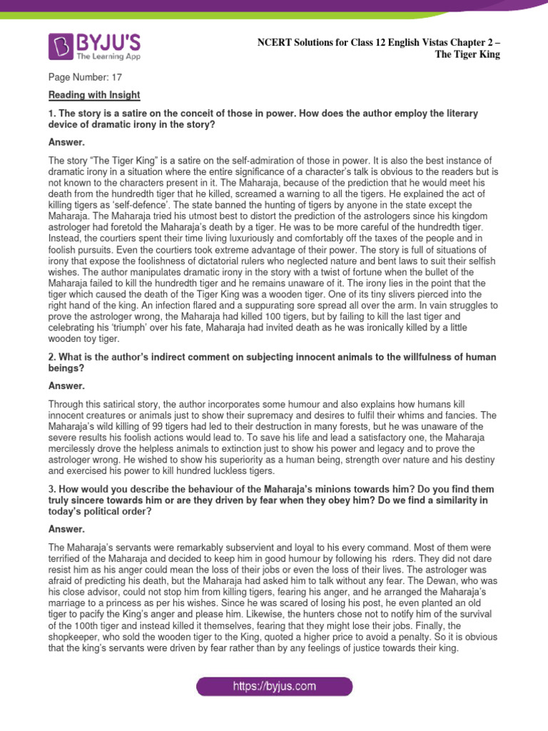 Solutions For Class 12 English Supplementary Book Vistas Chapter 2 The Tiger King | PDF ...