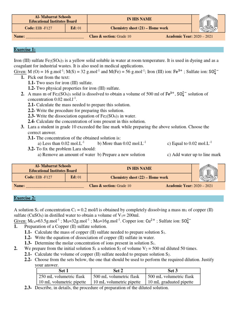 Chemistry Sheet (21 + 22) GR 10 | PDF | Concentration | Iron