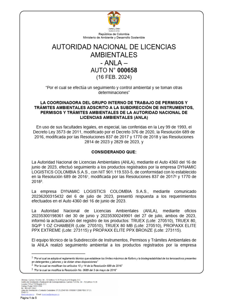 Autoridad Nacional de Licencias Ambientales - Anla - : AUTO #000658 | PDF | Regulación | Detergente