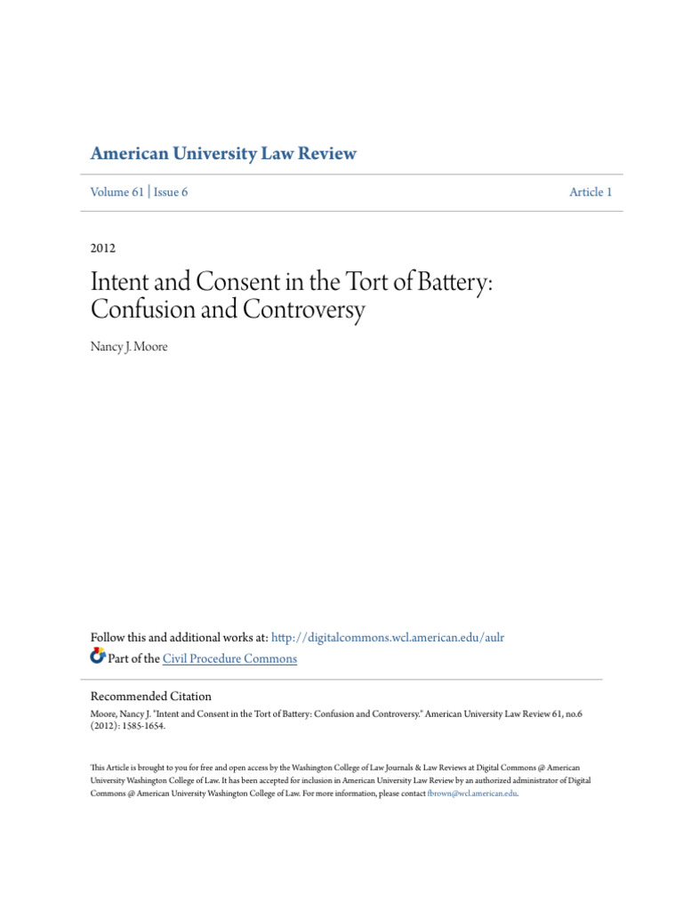 Intent and Consent in The Tort of Battery - Confusion and Controve ...