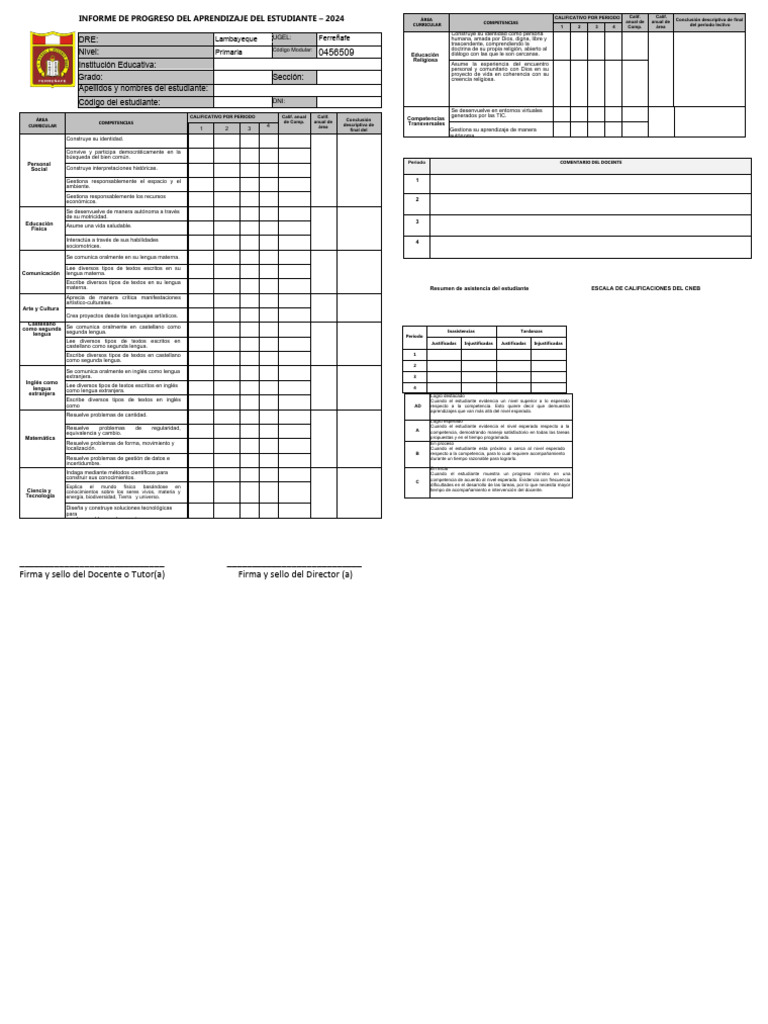 Boleta de Nota Primaria 2024 | PDF | Segundo lenguaje | Matemáticas