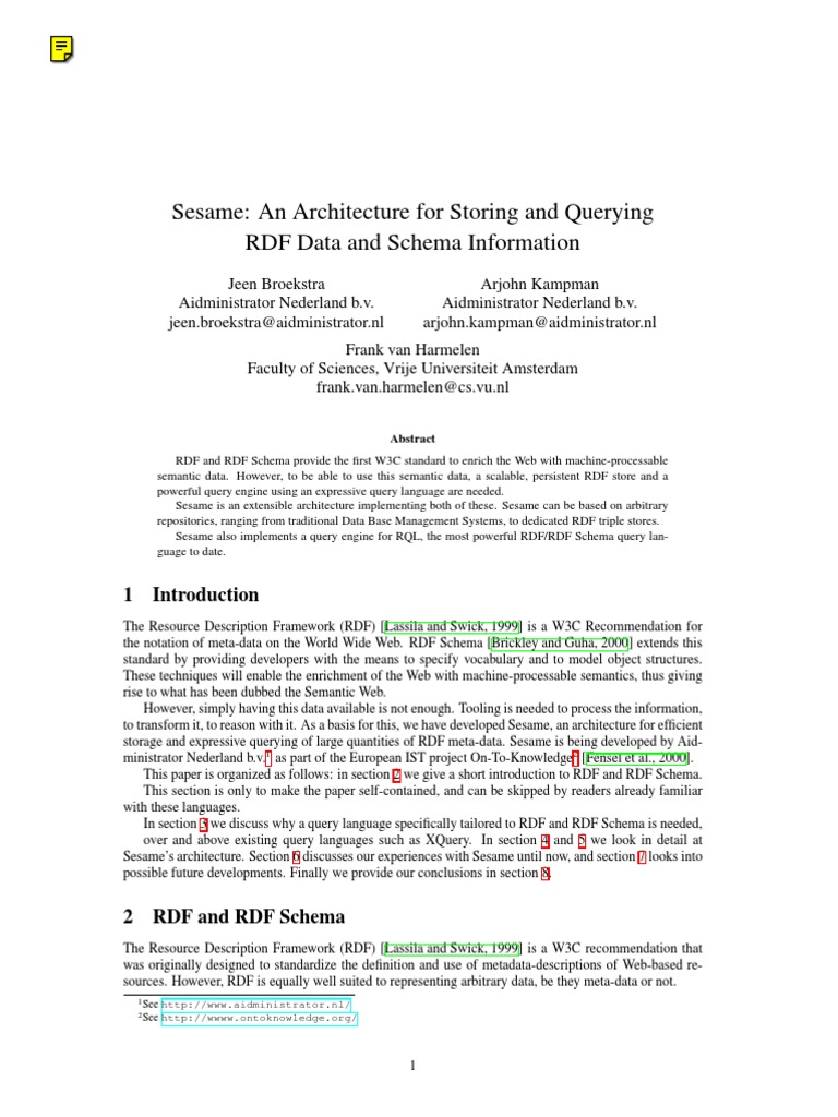 Sesame: An Architecture For Storing and Querying RDF Data and Schema Information | PDF ...