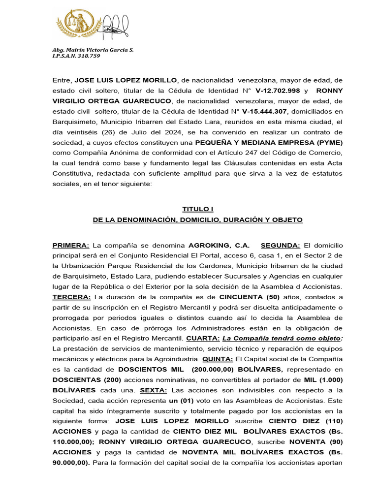 Contrato de Sociedad AGROKING, C.A. | PDF | Documento de identidad