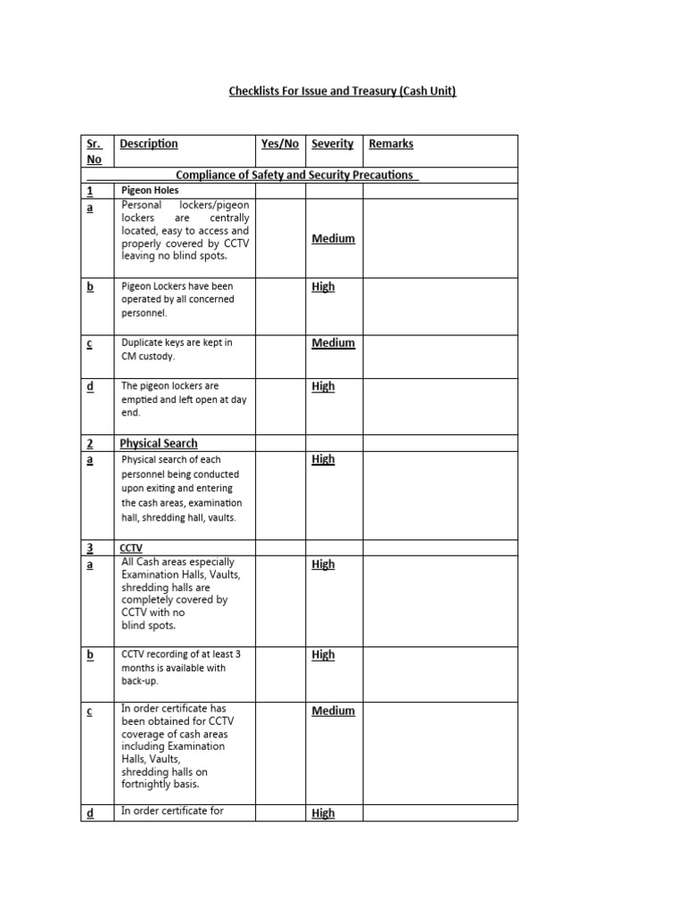 Checklists For Issue and Treasury (Cash Unit) : Pigeon Holes | PDF | Bank Vault | Closed Circuit ...