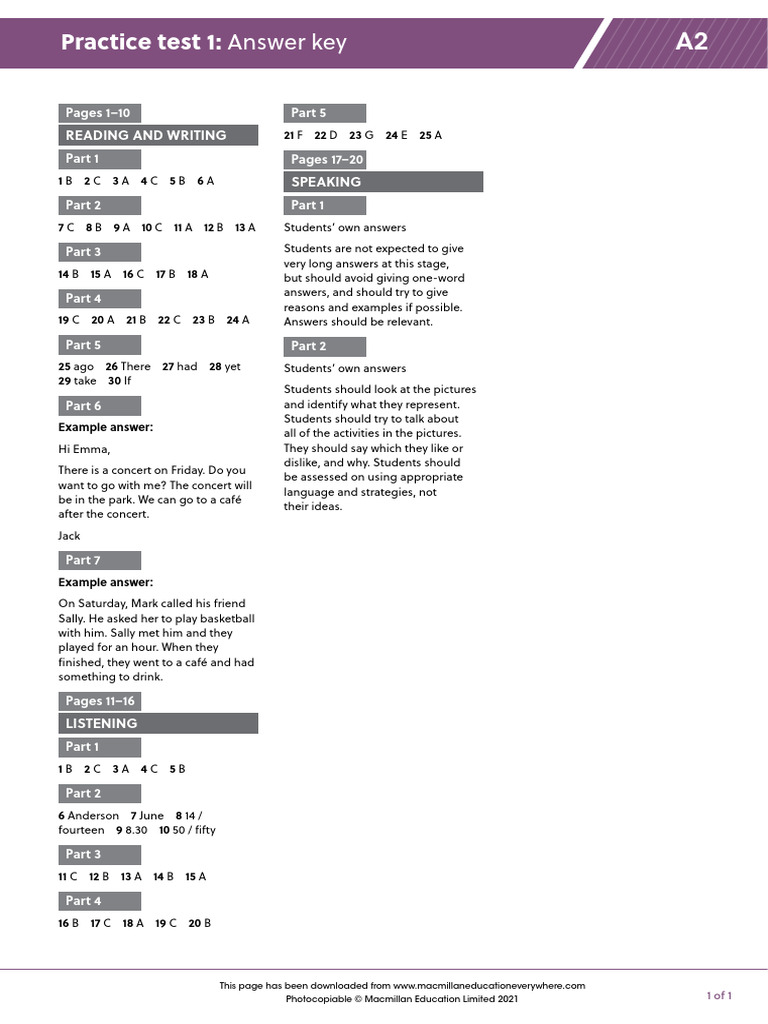 A2 Key For Schools - Answer Key | PDF