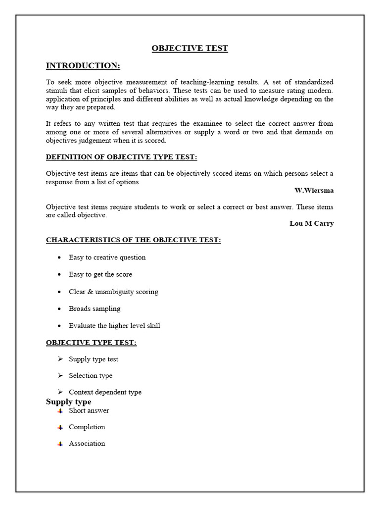 Objective Test Types and Features | PDF | Multiple Choice | Cognition