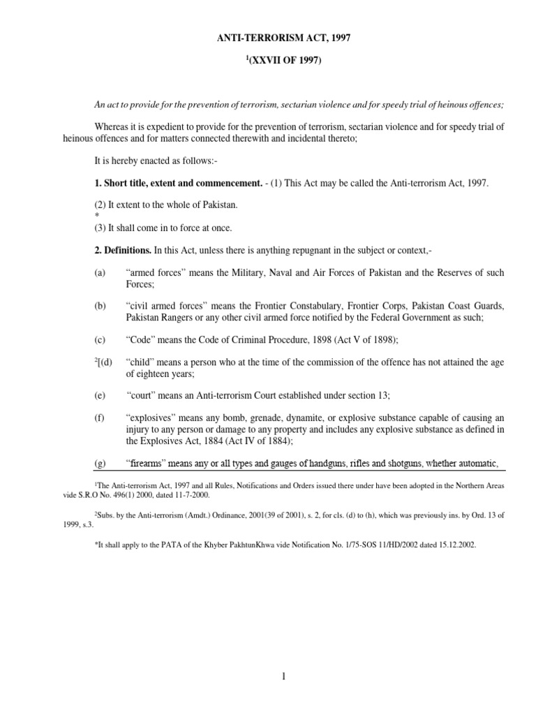Anti Terrorism Act. 1997 | PDF | Detention (Imprisonment) | Bail