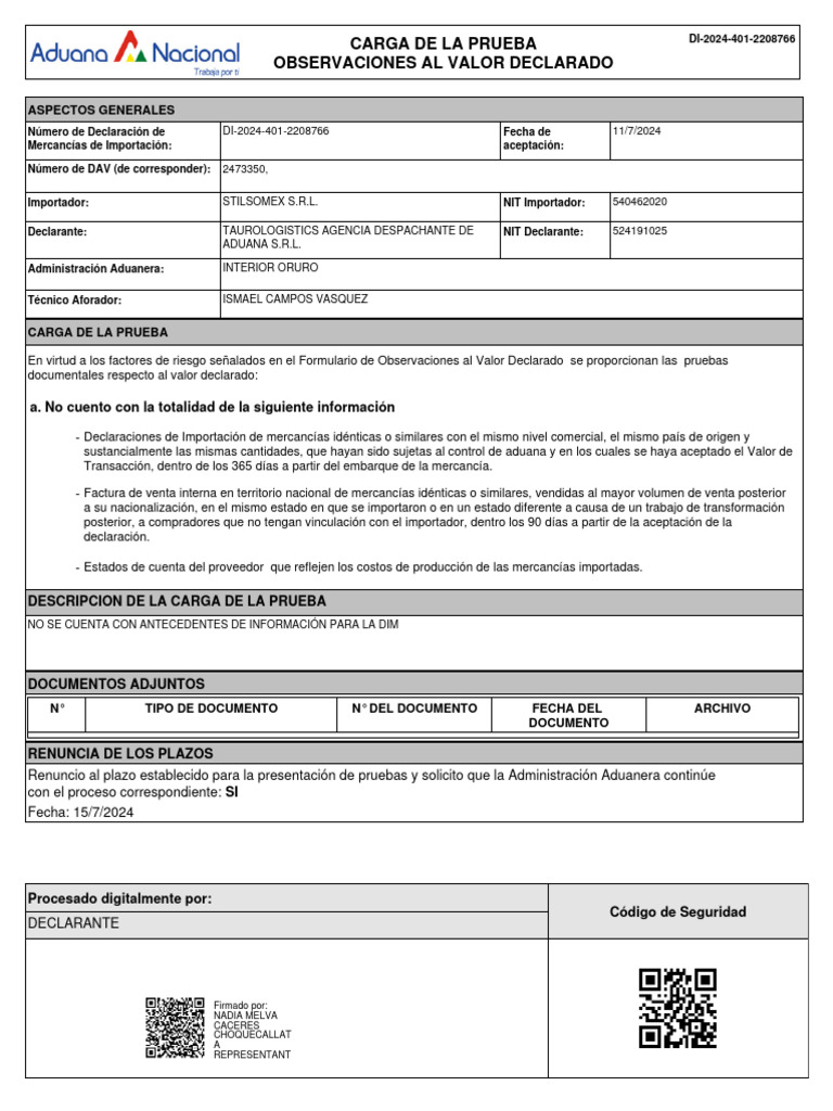 Carga de La Prueba Observaciones Al Valor Declarado: Aspectos Generales ...