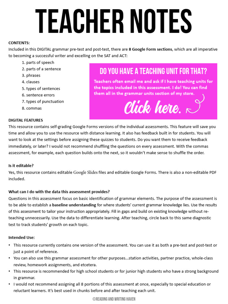 Grammar Pre - and Post - Assessment | PDF | Clause | Comma