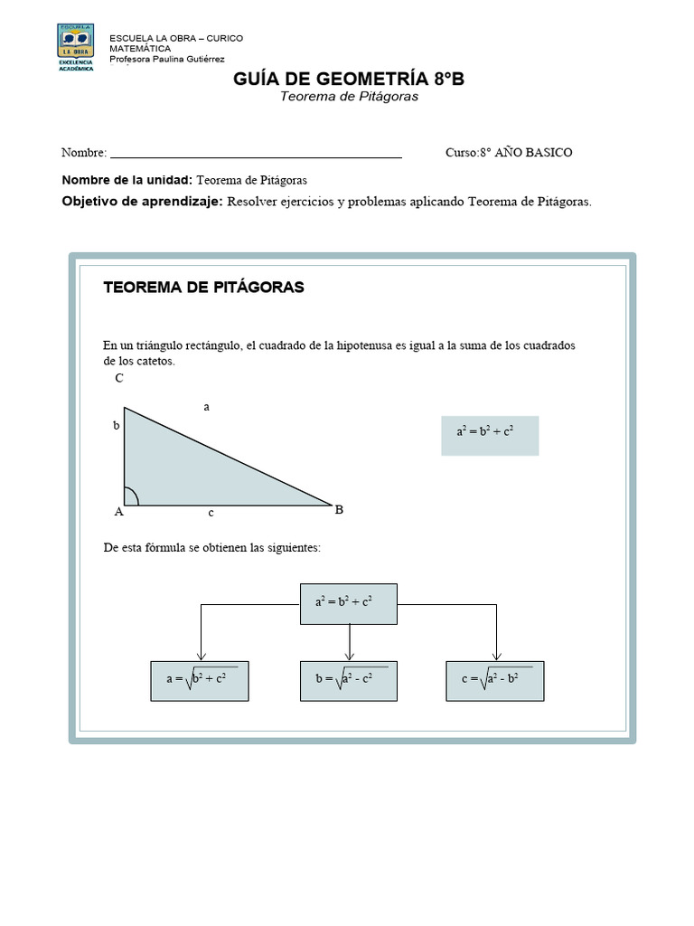 Guia Teo - Pitag. 8vo | PDF | Triángulo | Matemática Elemental