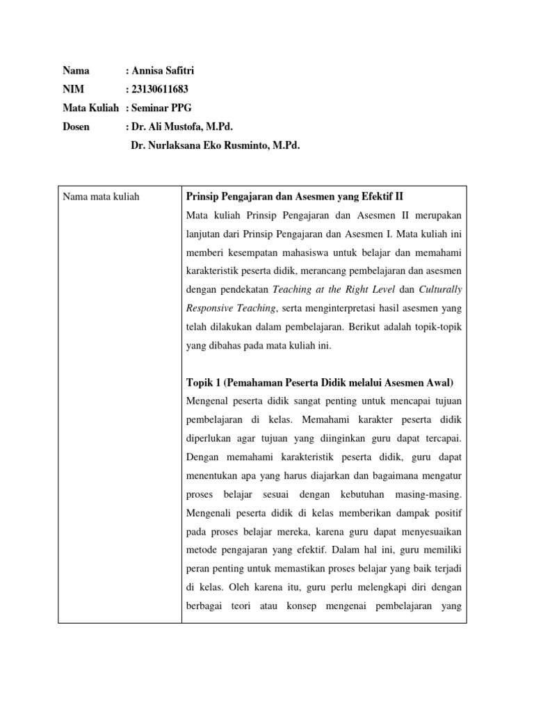 Jurnal Refleksi - Annisa Safitri - Prinsip Pengajaran Dan Asesmen Yang ...
