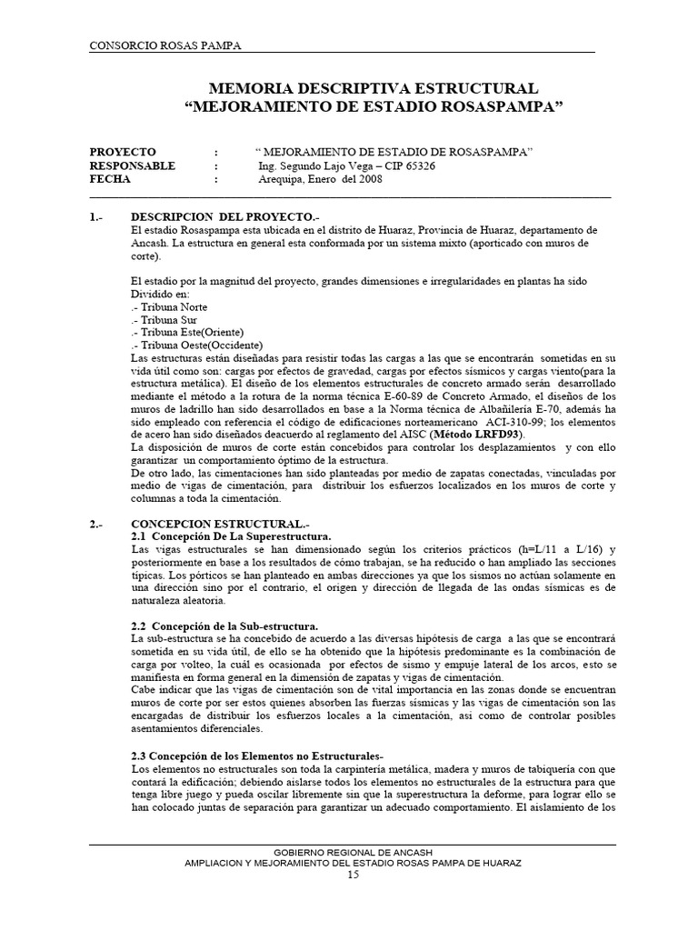 Memoria Descriptiva Estructuras | PDF | Fundación (Ingeniería) | Hormigón