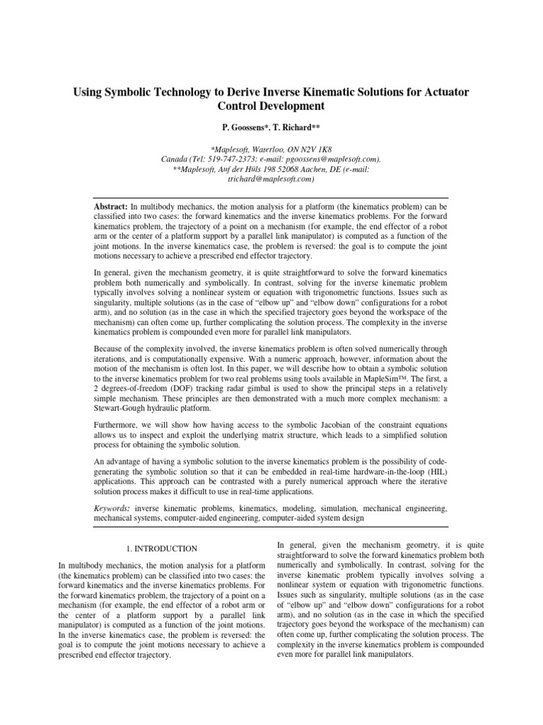 Using Symbolic Technology To Derive Inverse Kinematic Solutions For Actuator Maplesoft Company ...