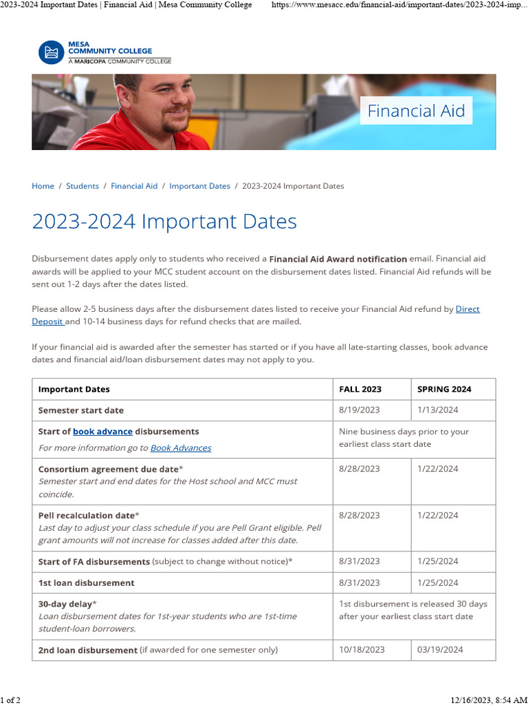 2023-2024 Important Dates Financial Aid Mesa Community College | PDF ...