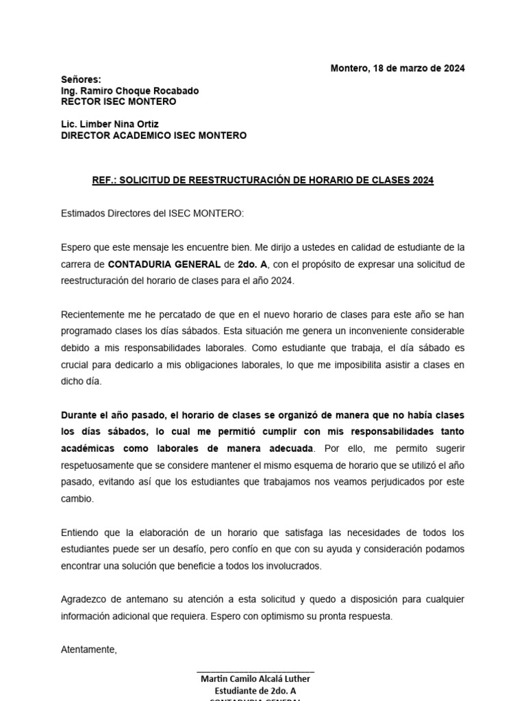 Carta Solicitud de Reestructuracion de Horario Isec Montero | PDF Carta Solicitud de Reestructuracion de Horario Isec Montero | PDF