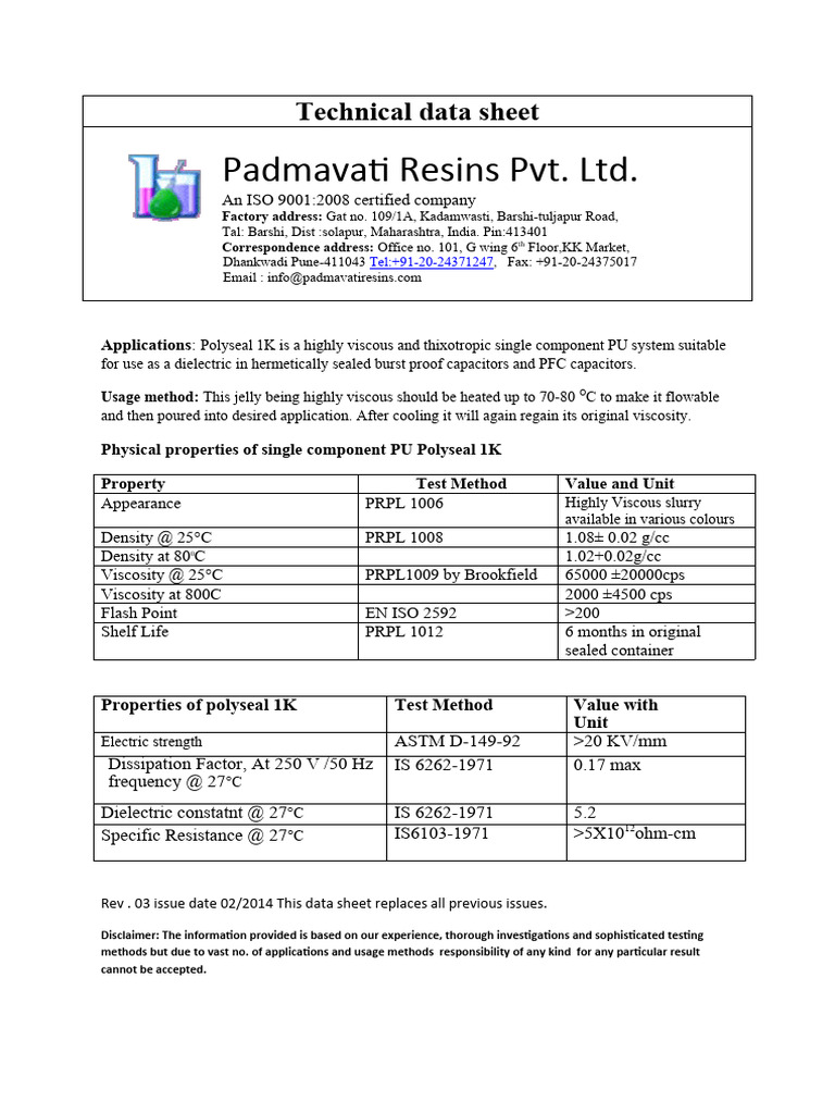 Tds of PU Polyseal 1K New | PDF | Viscosity | Capacitor