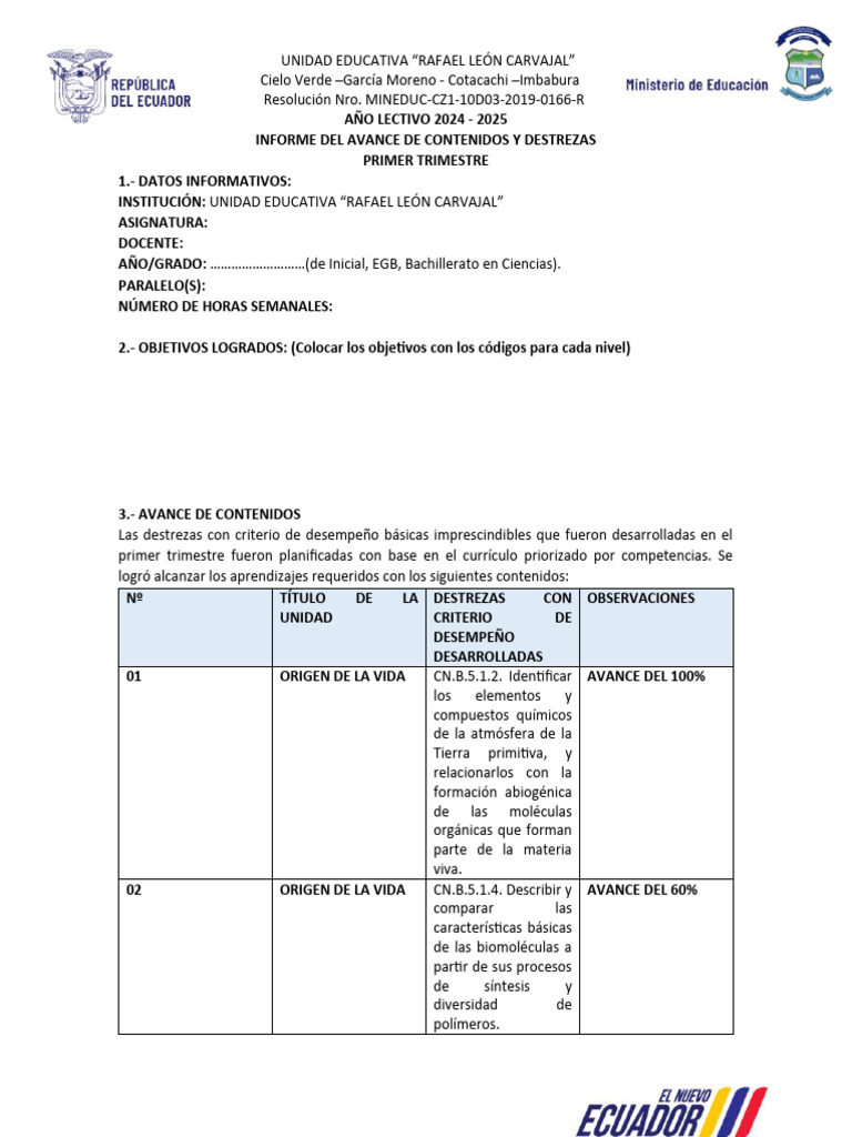 Formato Informe Avance Destrezas | PDF | Plan de estudios | Abiogénesis