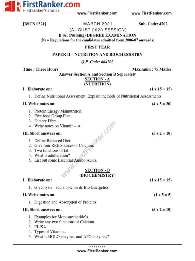 BSC Nursing Question Paper | PDF | Nutrition | Diet & Nutrition