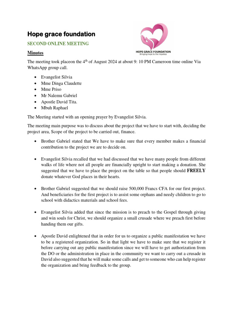 Hope Grace Foundation Second Day Minutes | PDF | Theology | Christian ...