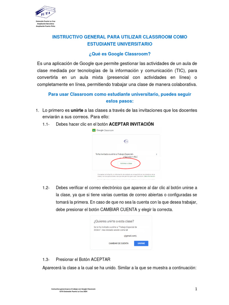 Instructivo General para Usar Classroom Como Estudiante Universitario | PDF | Hipervínculo ...