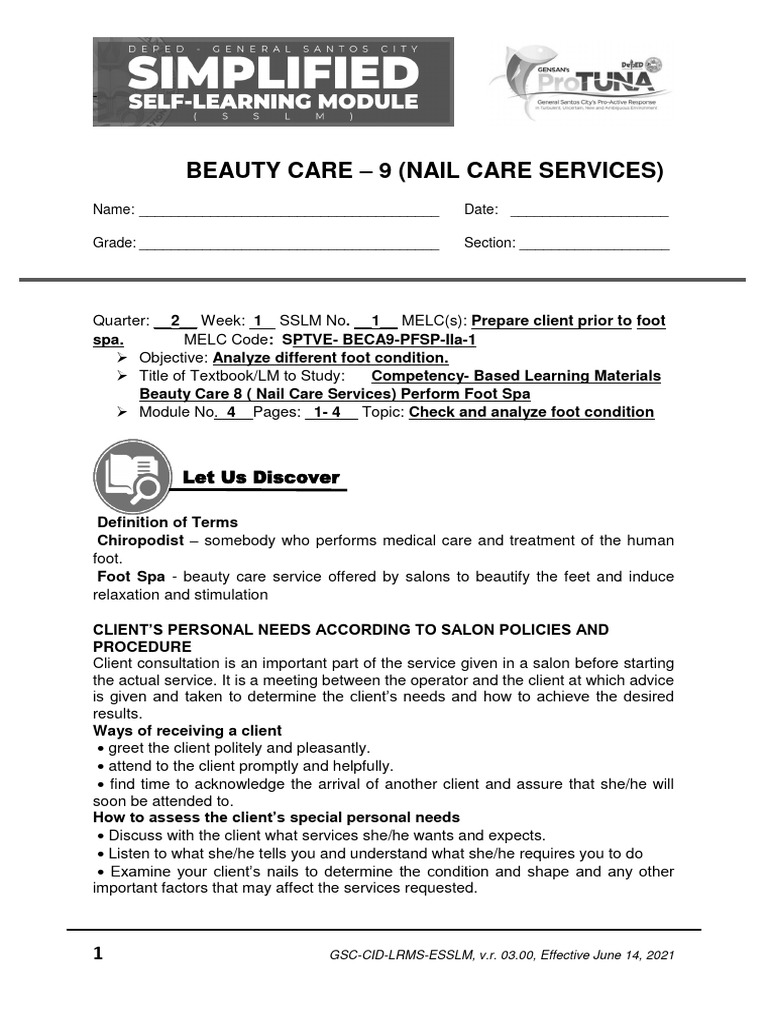 Nail Care Foot Spa Client Assessment Guide | PDF | Infection | Clinical Medicine