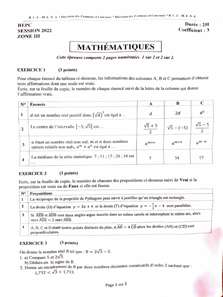 Sujet de Maths Bepc 2022 Zone 3 | PDF